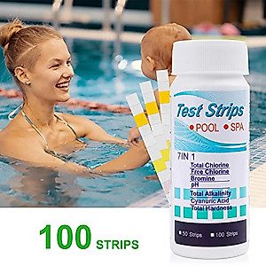 7 in 1 Pool and Spa Test Strips, 100PCS Swimming Pool Water Test Strip, Hot Tub Water Test Strips, Total Hardness, Total Chlorine, Bromine, Free Chlorine, PH, Cyanuric Acid & Total Alkalinity