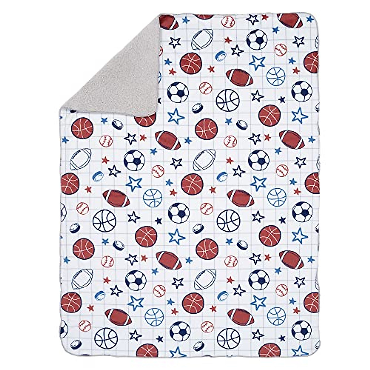Lambs & Ivy Baby Sports White Fleece Baby Blanket - Football/Basketball/Baseball