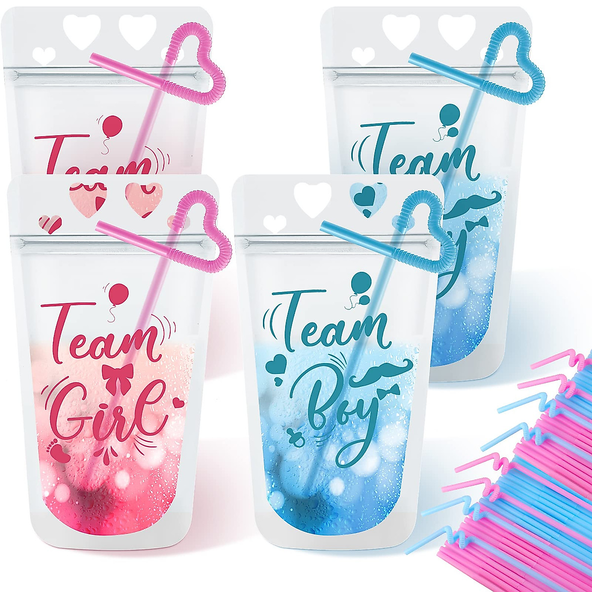 36 Pcs Gender Reveal Drink Pouch Cups with Straws Plastic Stand up Drink Pouch Bags Hand Held Translucent Reclosable Zipper Juice Pouches Team Boy Team Girl Gender Reveal Party, Pink and Blue, 17 oz
