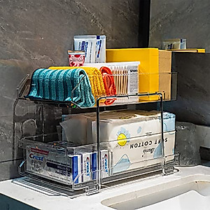 Hourleey 2 Tier Household Organizer with Dividers, Double Layer Multi-Purpose Slide-Out Bathroom Vanity Countertop Closet Organization, Refrigerator Organizers and Storage, For Kitchen Pantry Cabinet