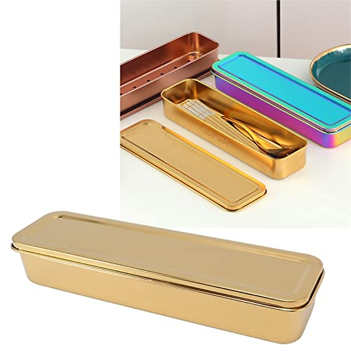 Cutlery Tray, Food Grade Intelligent Drainage Lightweight Kitchen Chopstick Storage Box Practical with Lid for Restaur(Gold)
