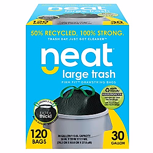 Neat Tall Kitchen 30 Gallon Drawstring Trash Bags - (MEGA 120 COUNT) - Triple Ply Fortified, Eco-Friendly 50% Recycled Material, Neutralize+ Odor Technology, Reversible Black and White Garbage Bags