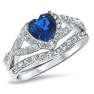 LaRaso & Co His Hers Sterling Blue Sapphire CZ Bridal Wedding Band Engagement Ring Set Him Her Thin Blue Line