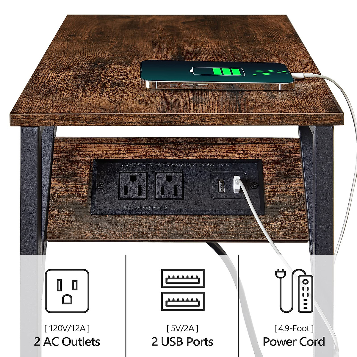MAHANCRIS C Shaped End Table with Charging Station, Sofa Table with USB Ports and Outlets for Small Spaces, Small Side Table for Living Room, Bedroom, C Couch Table, Rustic Brown ETHR06E01