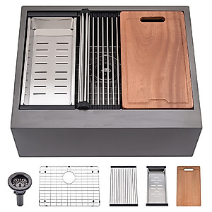 27 Inch Black Farmhouse Sink Workstation-Bokaiya 27x22 Matte Black Stainless Steel Farmhouse Apron Front 16 Gauge Single Bowl Farm Sink with Cutting Board