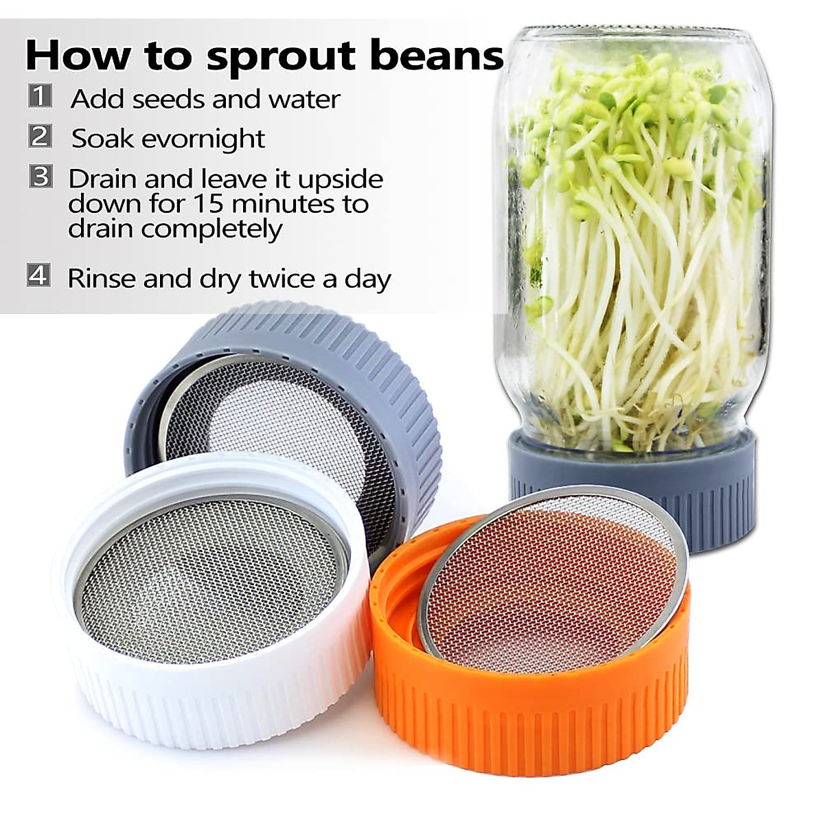 5 Pack Sprouting Lids for Wide Mouth Mason Jars, Plastic Sprout Lid, Bean Screen Sprouting Lids, Suit for Grow Bean Sprouts, Alfalfa, Salad Sprouts etc