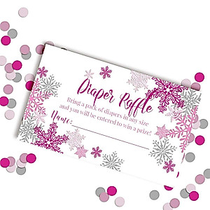 Pink and Silver Snowflake Diaper Raffle Tickets for Girl Baby Showers, 20 2" X 3” Double Sided Insert Cards for Games by AmandaCreation, Bring a Pack of Diapers to Win Favors & Prizes!