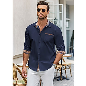 COOFANDY Men's Casual Long Sleeve Shirt Slim Fit Button Down Plaid Collar Dress Shirt Blue Large