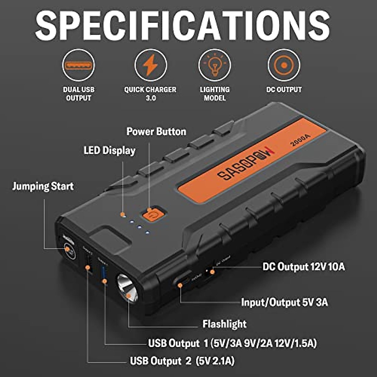 SASOPOW Car Jump Starter, 2000A Peak Battery Starter for 8.5L Gas and 7.0L Diesel Engines, 12V Lithium Jump Box for Vehicles, Battery Booster with USB QC3.0, Jump Pack with Built-in LED Light