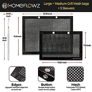 Homeflowz Mesh Grill Bags and Skewers - Extra Large 40x30cm + Medium BBQ Bags for Grill - Heat Resistant Non-Stick Reusable Grilling Bags - Easy to Clean - Use On All Outdoor Grills - Durable Design