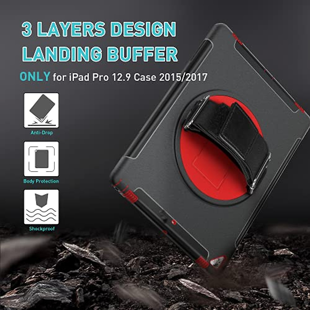 GEEKSDOM iPad Pro 12.9 Case 2nd Generation 2017 & 2015 1st Generation, Heavy Duty Rugged Shockproof Protective Soft TPU Back Cover w/360 Rotating Stand/Handle Hand/Shoulder Strap/Pencil Holder Red