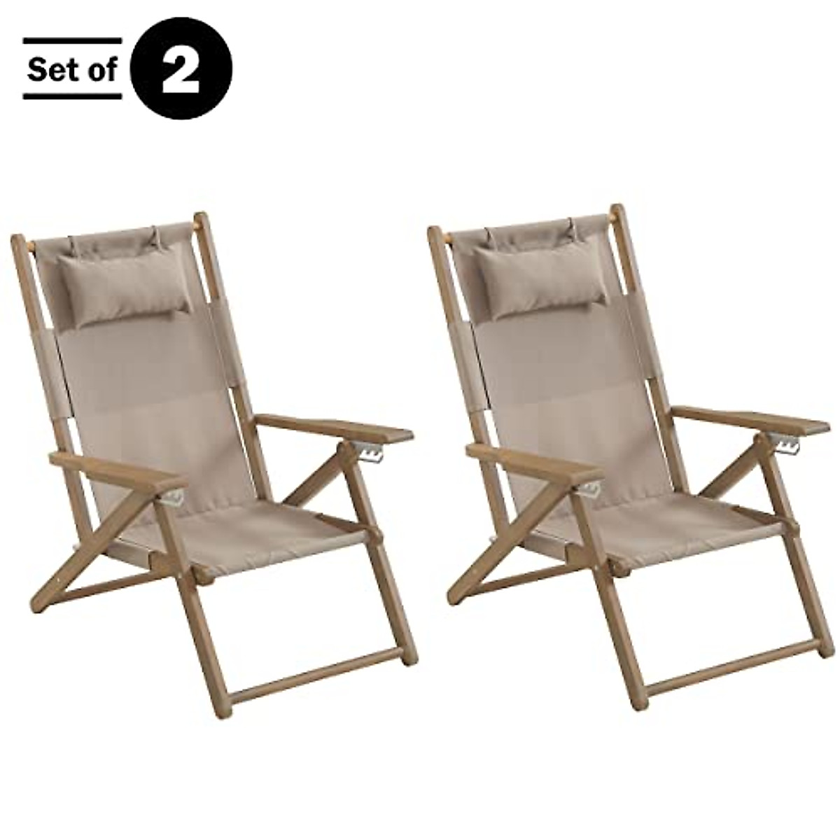 Lavish Home Set of 2 Beach Chairs - Outdoor Weather-Resistant Wood Folding Chairs with Carry Straps and Reclining Seat - Beach Essentials (Taupe)