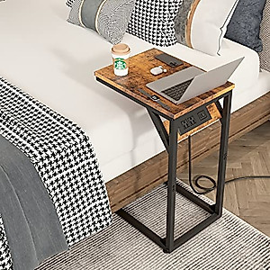 NONGSHIM Side Table, Slim C Shaped End Table with Charging Station, Small Snack Table for Living Room, Bedroom, Sofa Table with USB Ports and Outlets for Small Spaces, Rustic Brown