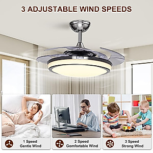 efperfect 48" Ceiling Fan Light Polished Chrome Clear Retractable Blades 3 Color Changes 3 Speeds LED Ceiling Fan with Remote Control for Living Room Bedroom Restaurant Kitchen