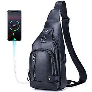 BULLCAPTAIN Men Sling Crossbody Bag with USB Charging Port Genuine Leather Shoulder Chest Bag Travel Hiking Backpack (Black)