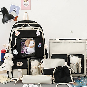 Cute Backpack with Cute Plushes and Pins 5Pcs Set Cute Travel Rucksack School Bag Aesthetic Backpack for Girls
