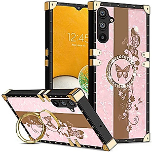 B-wishy for Samsung Galaxy A13 5G Phone Case, Glitter Crystal Butterfly Heart Floral Slim TPU Bling Diamond Rhinestone Cute for Girls Women with Ring Stand+Strap for Galaxy A13 5G(HD Pink)