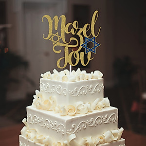 Mazel Tov Cake Topper Gold Glitter Jewish Birthday Chanukah Holiday Cake Decoration Hebrew Congratulations Hanukkah Star of David Party Supplies