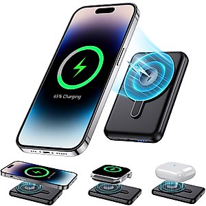 kurdene Wireless Portable Charger, 3 in 1 Magnetic Power Bank Compatible with iWatch Charger,5000mAh Mag-Safe Batteries Pack,Compatible with iPhone 15/14/13/12 Series, Apple Watch, Airpods-Black