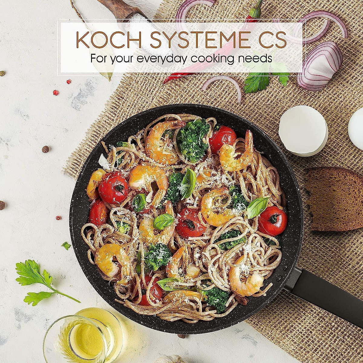 KOCH SYSTEME CS 9.5"+12" Black Nonstick Frying Pan with Lids, Aluminum, Non-stick Coating, Bakelite Handle, Suitable for All Stovetops