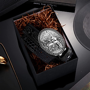 Xuniea Cowboy Belt for Men Longhorn Bull Buckle Belt Western Leather Buckle Belt Floral Engraved Buckle Belt (Black, 45 Inch)