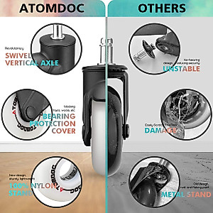 ATOMDOC 2.6" Newly Lightweight Caster Wheels, Universal Office Chair Caster Wheels, Revolutionary Swivel Vertical Axle, Heavy Duty Office Chair casters,Safe Protection for All Floors