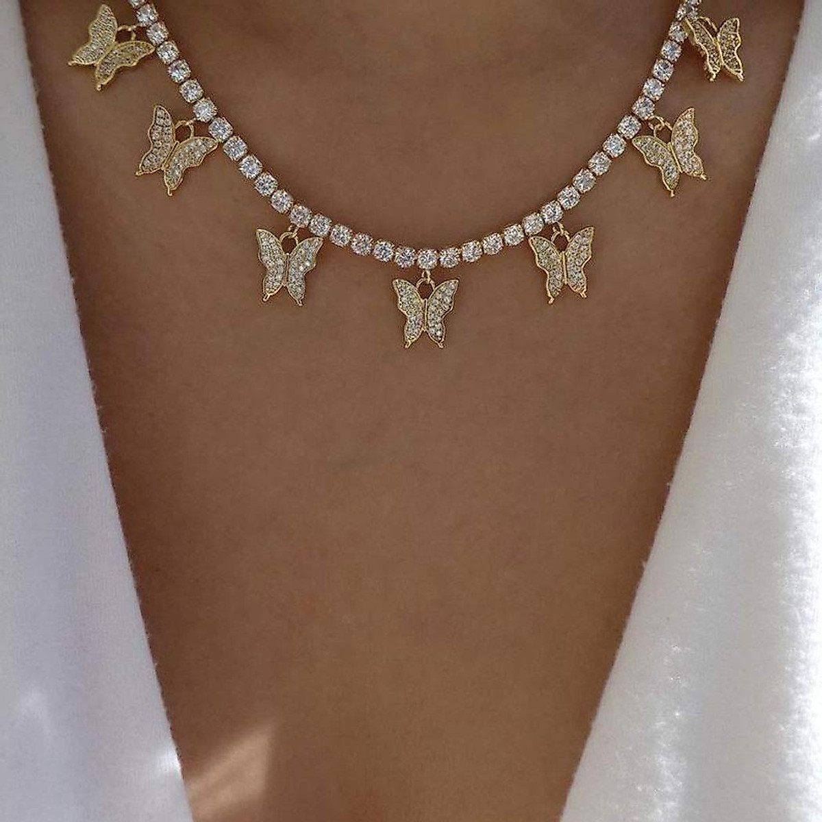 SUNXN Butterfly Necklace Tennis Chain Butterfly Choker CZ Bling Butterfly Silver Gold Pendant Necklace Gift for Women Jewelry (3mm-gold)