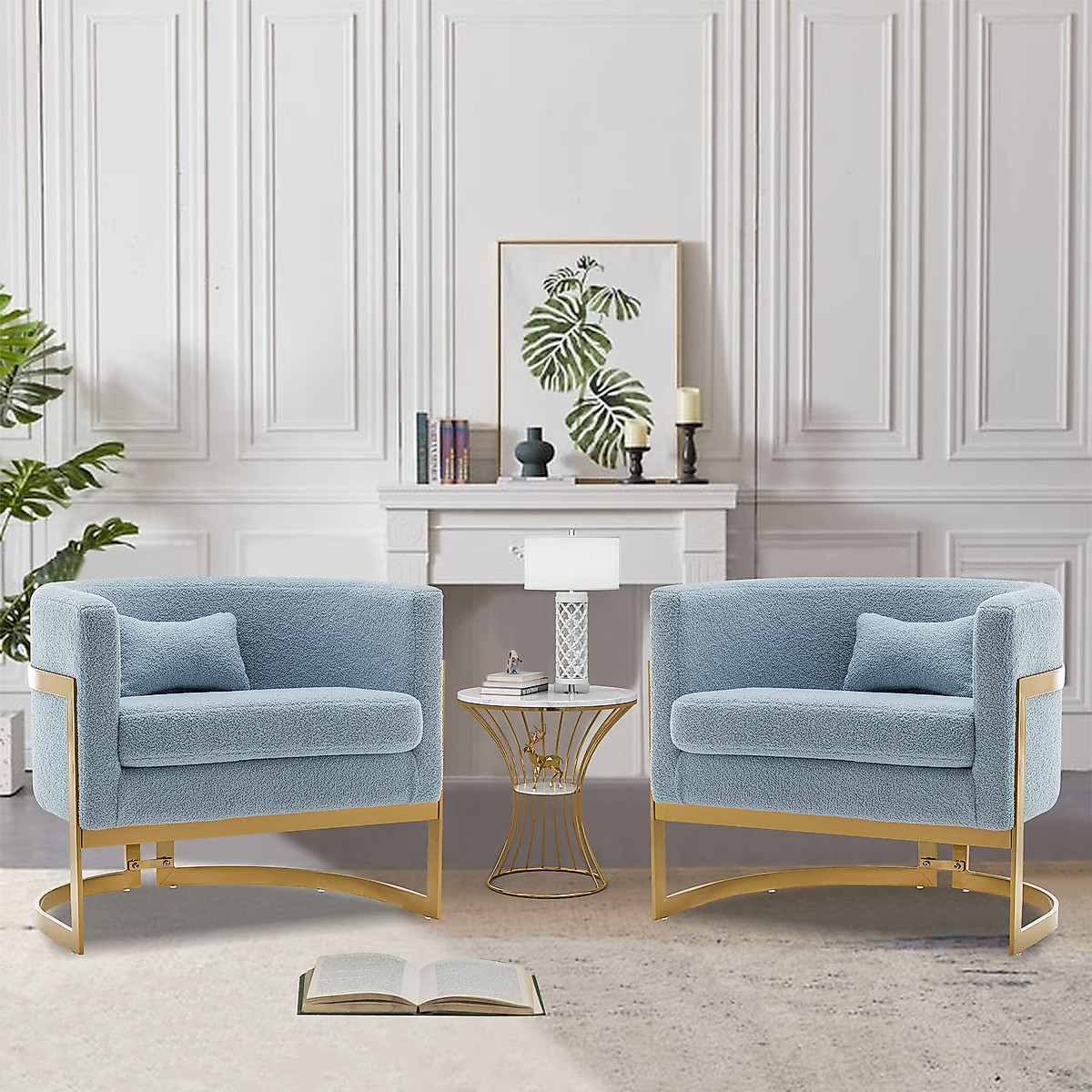 Apeaka Modern Teddy Accent Chair Boucle Arm Chair Living Room Chairs Upholstered Sofa Chair for Bedroom Office Club Barrel Chairs Light Blue