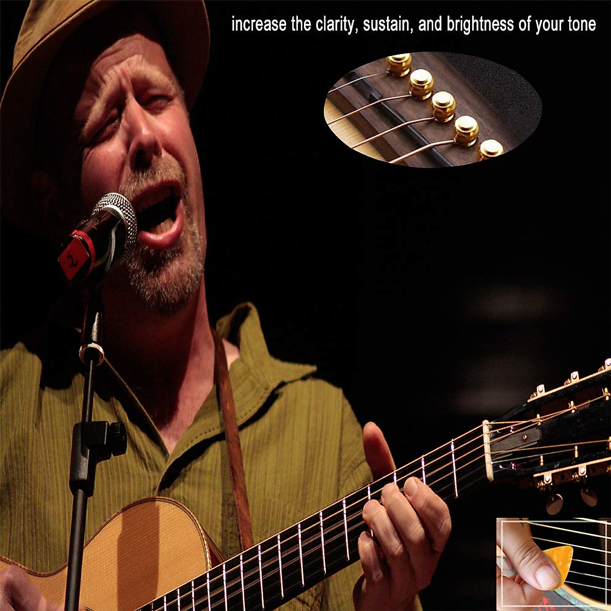 Guitar Bridge Pins 6pcs Pure Brass Endpin for Acoustic Guitar 6 Strings Nail Pegs Fixed Cone, Replacement Parts with Bridge Pin Puller Remover & 5 Guitar Picks - Kimlong