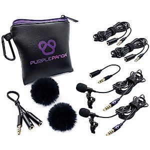 Purple Panda Dual Interview Lavalier Lapel Microphone Kit (2 Pack) for Podcast - Professional Omnidirectional Clip On Lav Mic - Compatible with iPhone, Android, DSLR Camera, Samsung, Zoom, Tascam