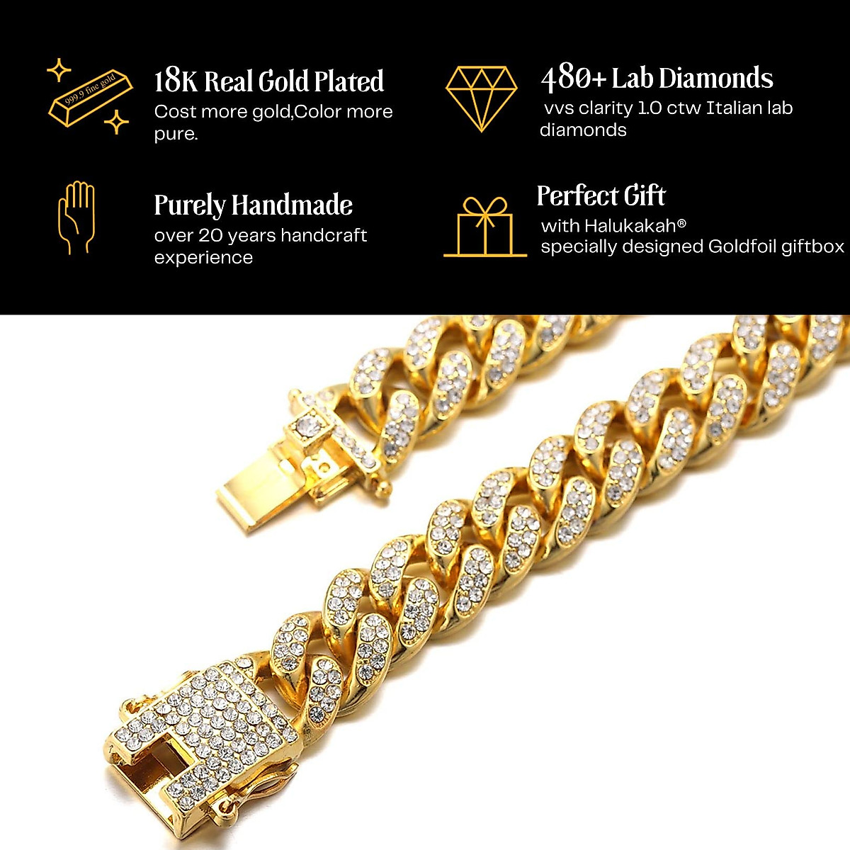 Halukakah Diamond Cuban Link 14MM,Gold Chain for Men Iced out Miami 18k Real Gold Plated Choker Necklace 16",Full Cz Diamond Cut Prong Set,with Giftbox