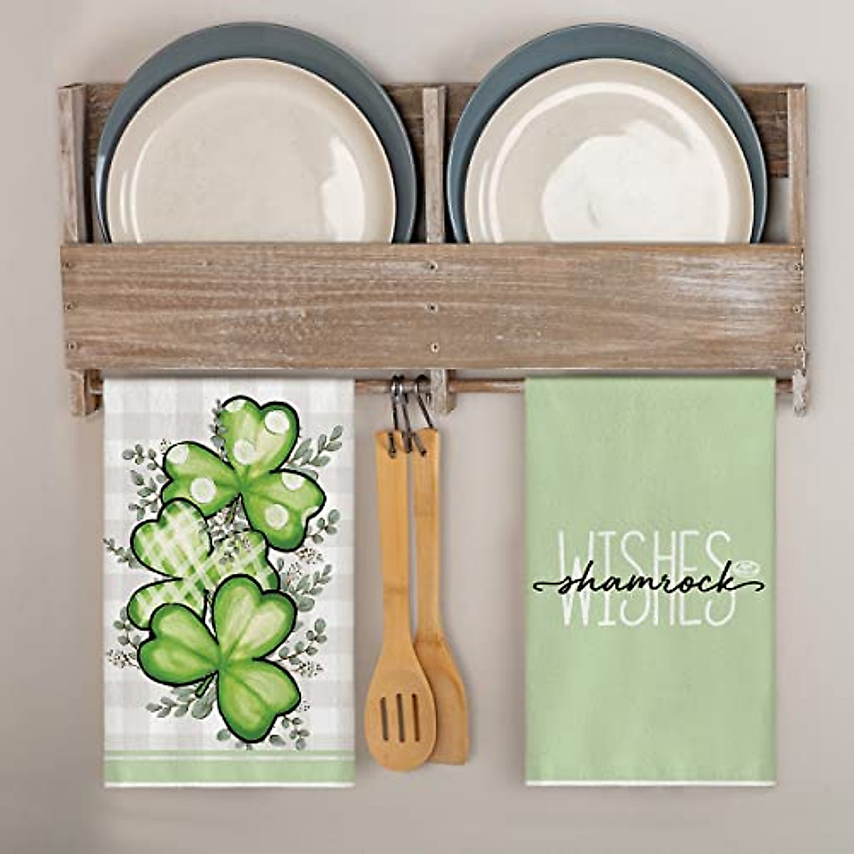 Artoid Mode Buffalo Plaid Eucalyptus Leaves Clover Shamrock Wishes St. Patrick's Day Kitchen Towels Dish Towels, 18x26 Inch Seasonal Decoration Hand Towels Set of 2