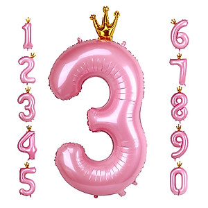 40 Inch Crown Pink Number 3 Balloon, Big Conjoined Baby Pink Foil Mylar Helium Digit 3 Balloon for Girl 3rd Birthday Party Decorations Anniversary Decor Theme Party Supplies