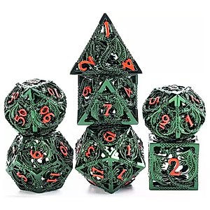 FOXBITE Green Hollow metal 7 Pcs Metal Dice Set D&D Dice Set, Polyhedral Dice Set for Dungeons and Dragons Dice, Blood Spattered Role Playing Dice Set, D+D RPG D and D Dice D20 D12(Rogue)