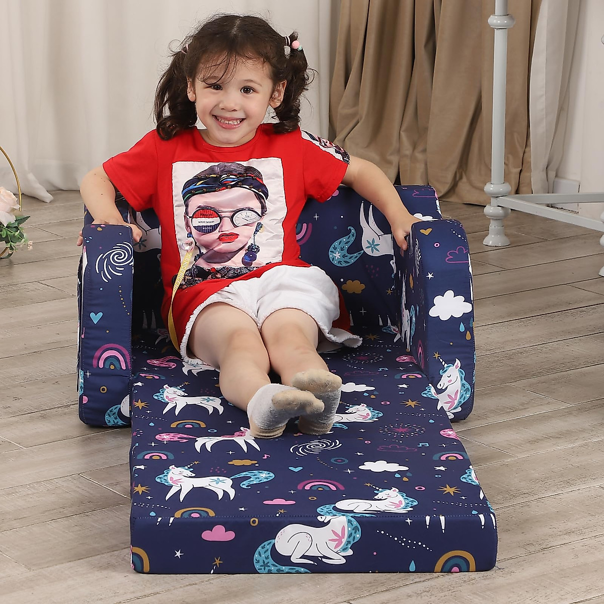 MOMCAYWEX Rainbow Unicorn Kids Sofa, 2-in-1 Kids Couch Fold Out, Convertible Sofa to Bed for Girls and Boys