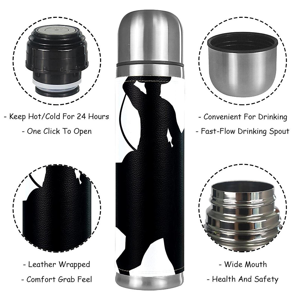 Stainless Steel Leather Vacuum Insulated Mug Horse Silhouette Thermos Water Bottle for Hot and Cold Drinks Kids Adults 16 Oz