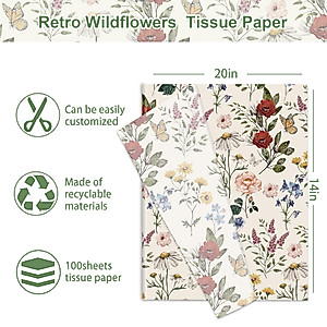 Generic AnyDesign 100 Sheets Floral Tissue Paper Vintage Wildflower Gift Wrapping Paper Butterfly Flower Printed DIY Art Craft Paper for Spring Wedding Bridal Shower Birthday, 19.7 x 13.8 Inch