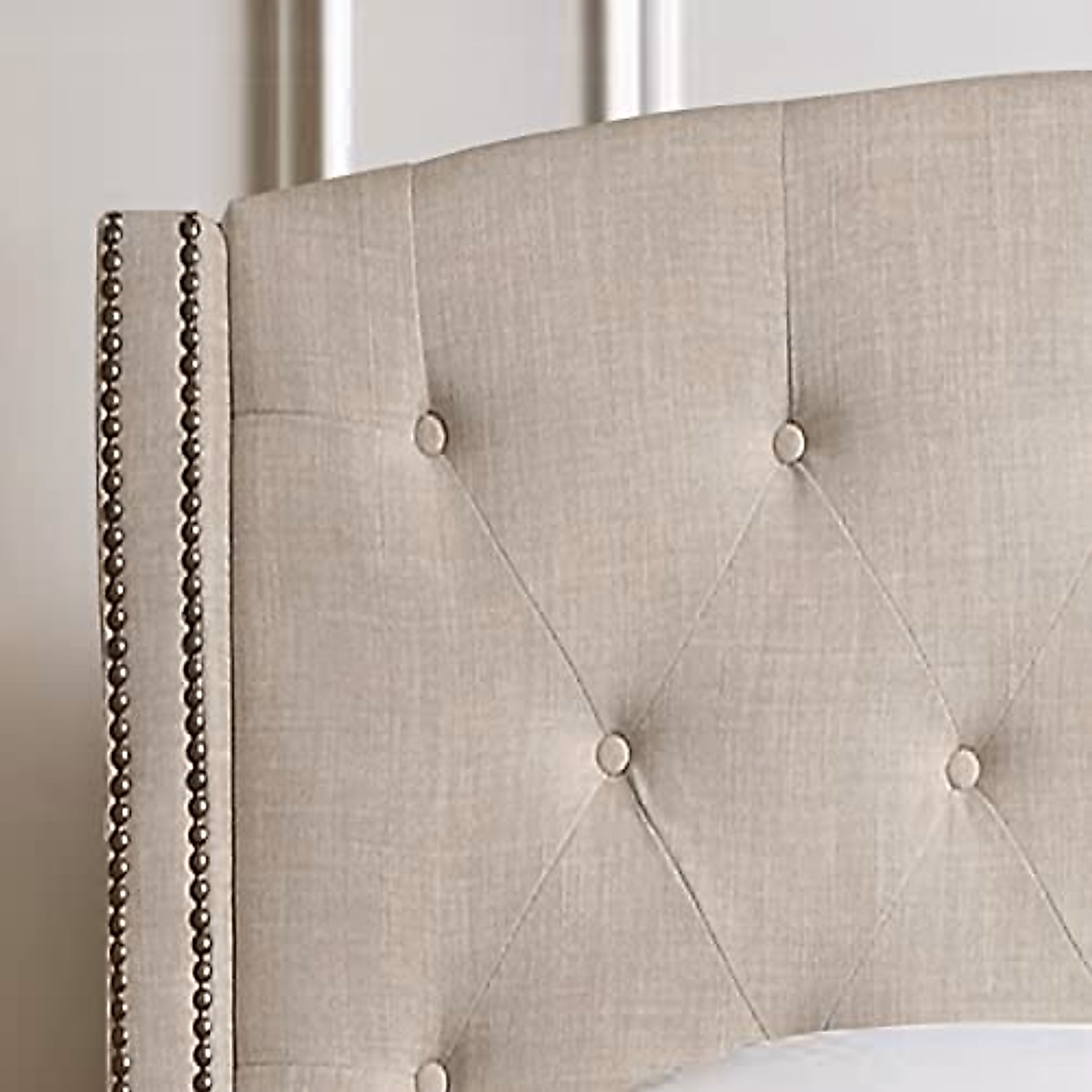 Rosevera Cadyn Wingback Nailhead Trimming,Fabric Upholstered and Button Tufting Headboard for Bedroom,Easy Assembly, Queen, Beige