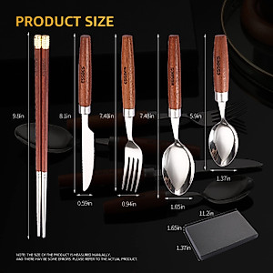 ESSBES 5-Pcs Wooden Handle Silverware Set - Stainless Steel Flatware Set with Fork, Spoon, Knife, Dessert Spoon, Chopsticks and Delicate Gift Box, Portable Cutlery Set For Home Kitchen Hotel & Gift