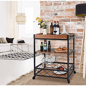 Fleecy day Bar Carts for Home,Bar Serving Cart 3-Tier Rustic Wood with Wine Rack and Glass Holder,Beverage Cart with Wheels and Metal Serving Trolley 34in