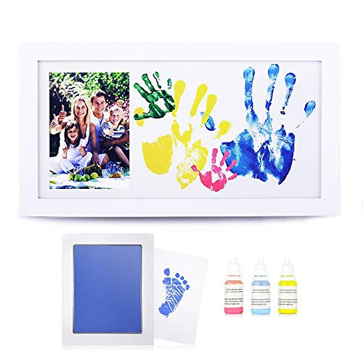 NWK DIY Family Photo + Family Hand/Footprints Kit with 10 X 17inch Elegant White Wood Picture Frame, Non-Toxic Watercolor Paints, Baby Shower Adoption Father's Day Gift for New Mom Dad (with Ink pad)