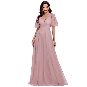 Ever-Pretty Women's Illusion V Neck Short Flare Sleeve Tulle Bridesmaid Dress Pink US4
