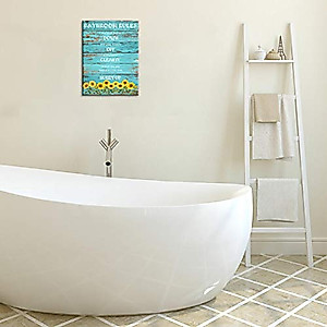 Bathroom Rules Wall Decor Sunflower Canvas Wall Art Yellow Sunflower Pictures Canvas Prints for bathroom Wood Teal Wooden Planks Background Wall Decor Canvas Art Prints Artwork for Walls Ready to Hang