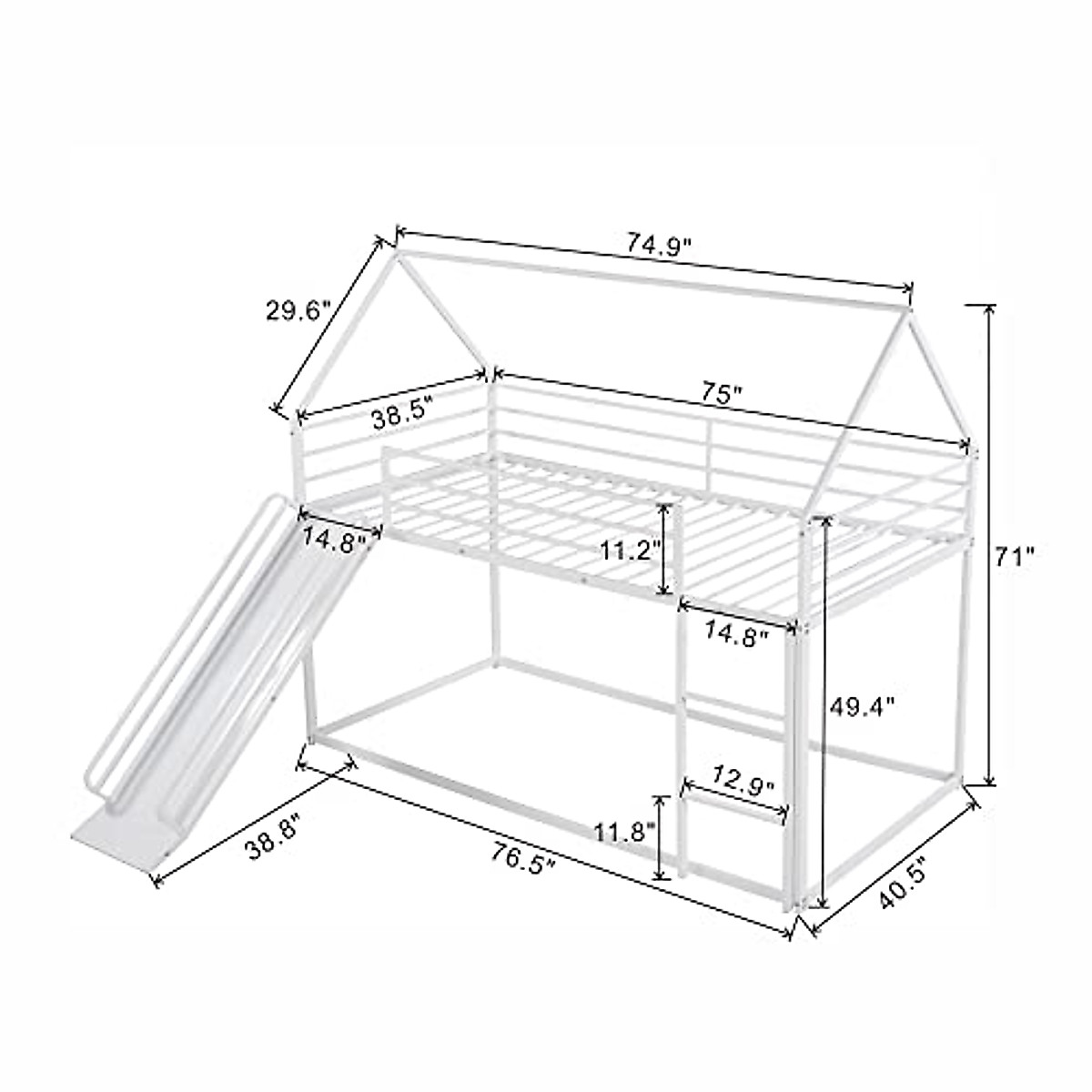 Harper & Bright Designs Twin Over Twin House Bunk Bed with Slide and Ladder, Metal Low Bunk Bed Frame for Kids Girls Boys - White