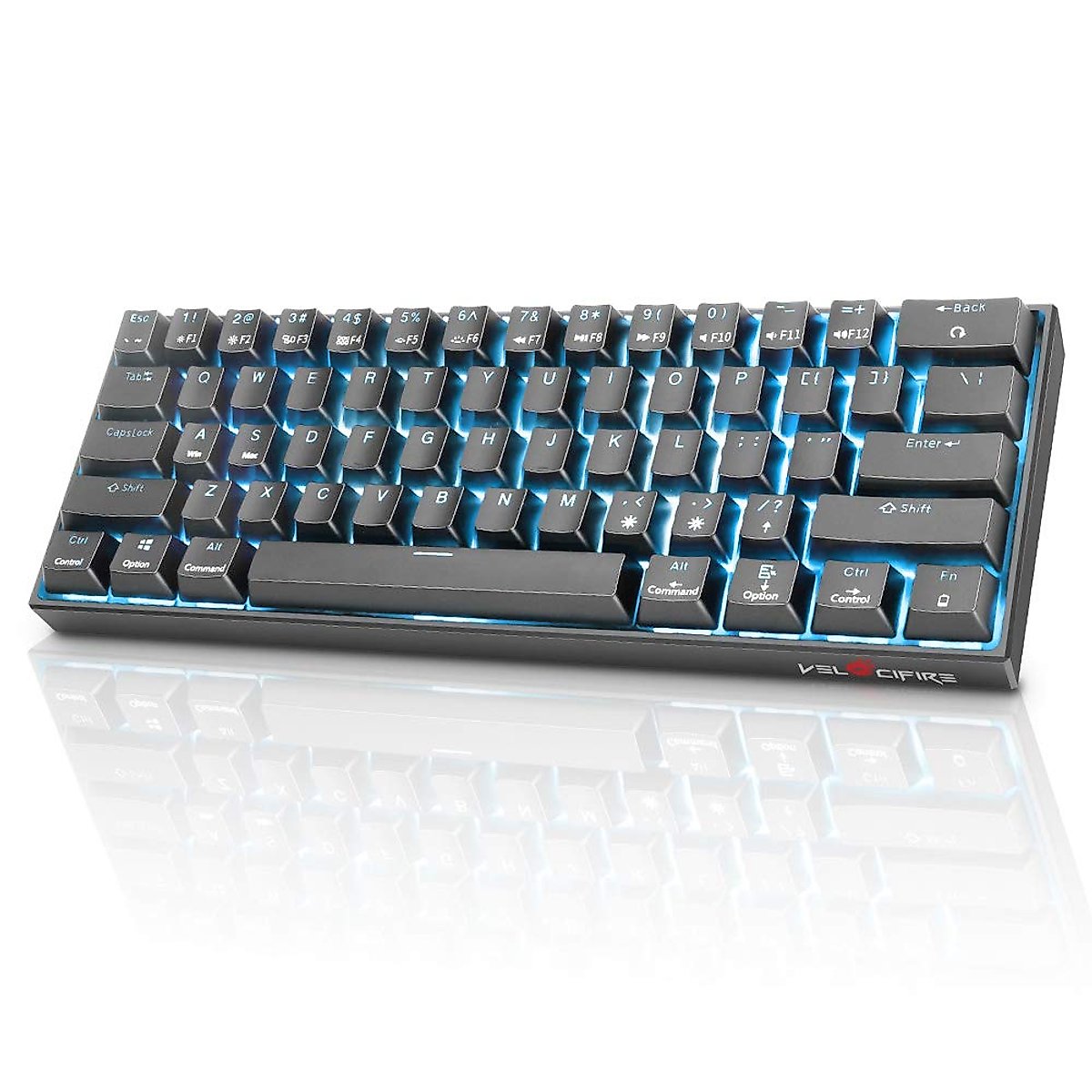 VELOCIFIRE Wireless Bluetooth Mechanical Keyboard, M1 TKL61WS 61-Key 60% Tactile Brown Switch Mini Portable Mechanical Keyboard with Ice Blue Backlit, Compatible with Mac OS and Windows OS(Black)