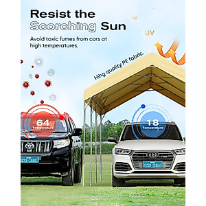 FINFREE 10x20 ft Heavy Duty Carports Car Canopy, Garage Shelter for Outdoor Party, Birthday, Garden, Boat, Adjustable Height from 9.5 ft to 11 ft,Beige