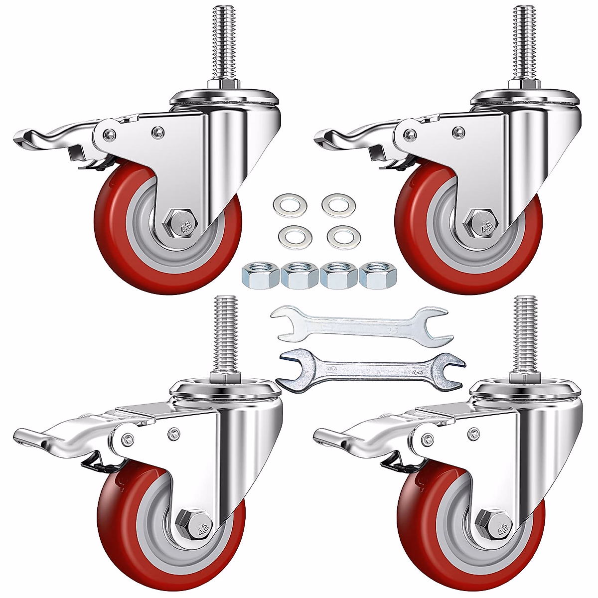 DICASAL 3 Inch Swivel Stem Casters Heavy Duty American Size UNC 1/2"-13x1-1/2"Stem Thread Wheels 360 Degree Durable Wheels Dual Safety Locks Castors with 990 Lbs Capacity Pack of Four