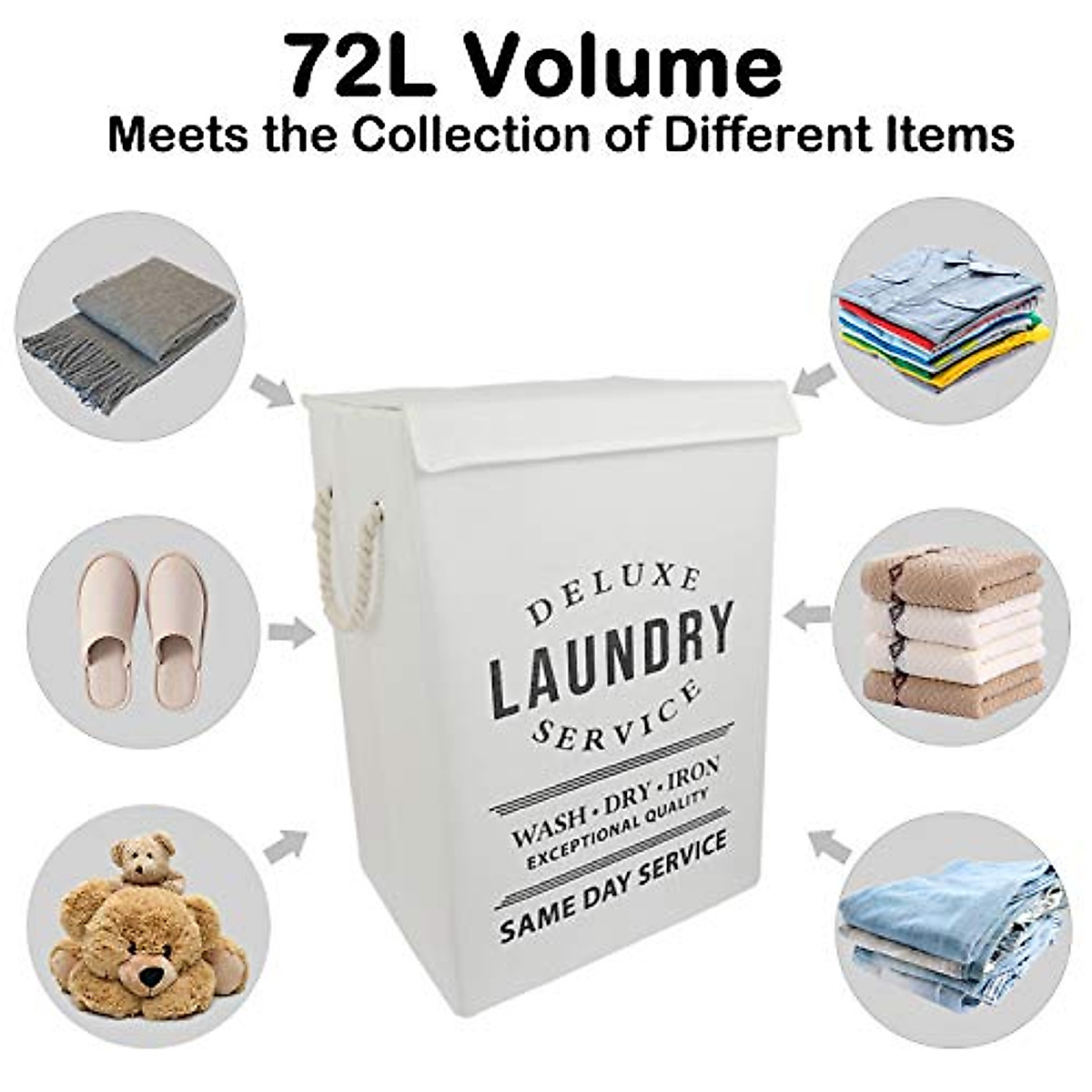 Laundry Hamper with Lid and Rope Handles,Foldable Hamper Easily Transport Laundry Basket,Linen Clothing Storage and Organization for Home Bedroom,Extra Large Capacity Toy Box,(Beige White)