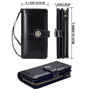 UMODE Large Capacity RFID Blocking Genuine Leather Wallets for Women with Wristlet Trifold Ladies Billfold with Zipper