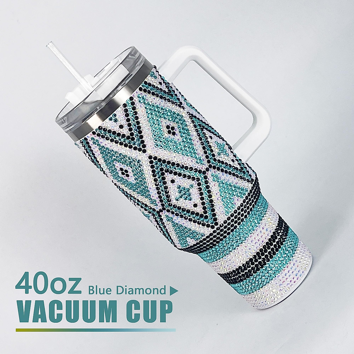 Cupcupmore 40oz Blue Diamond Bling Rhinestone Stainless Steel Sippy Tumbler Glitter Vacuum Insulated Water Bottle with Straw & Lid &Handle,Thermos for Hot & Cold Drinks,Car Cup Holder,Coffee